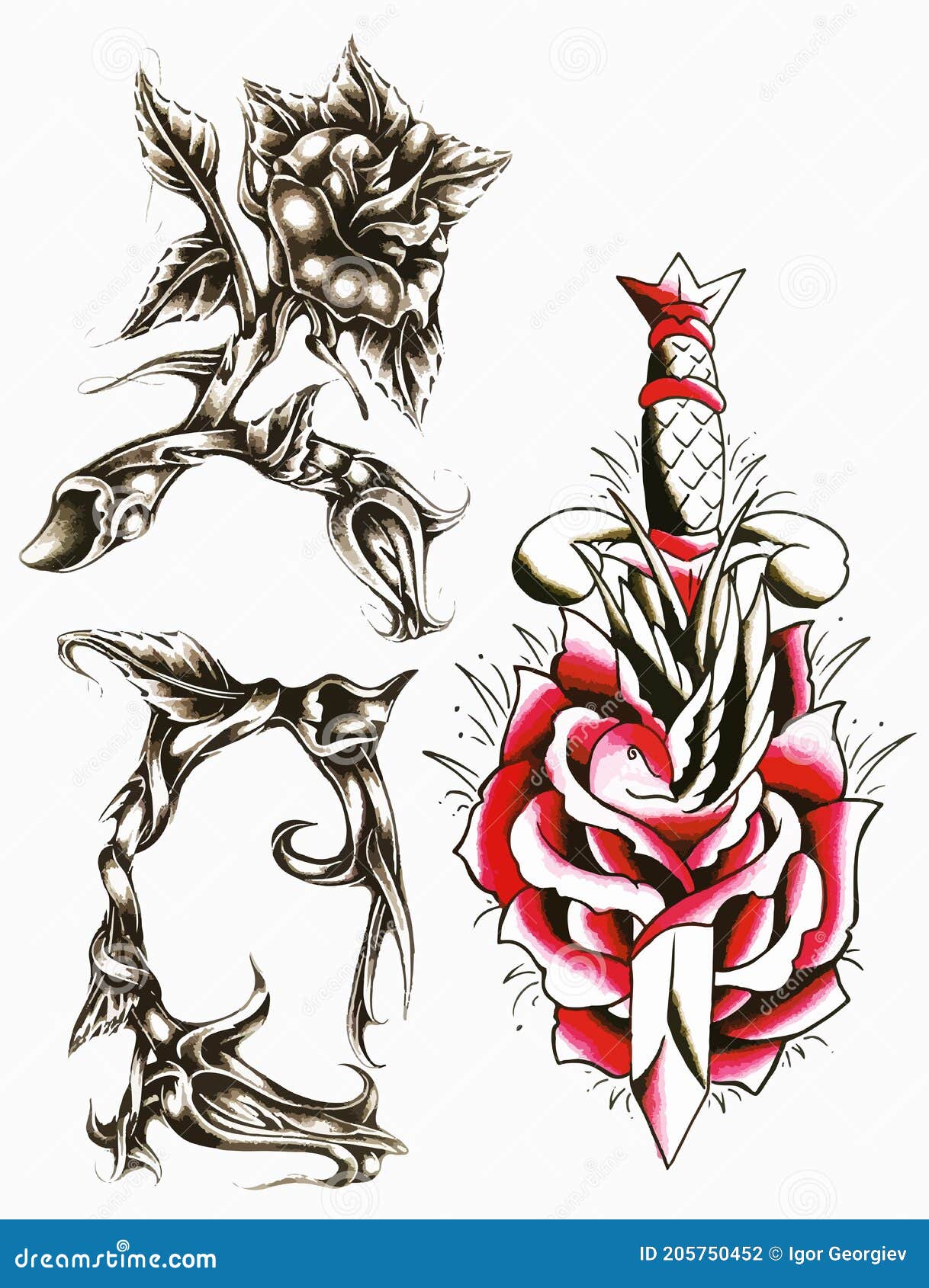 Flowers Newskool Tattoo Set. Set of Labels and Elements. Vector Set ...