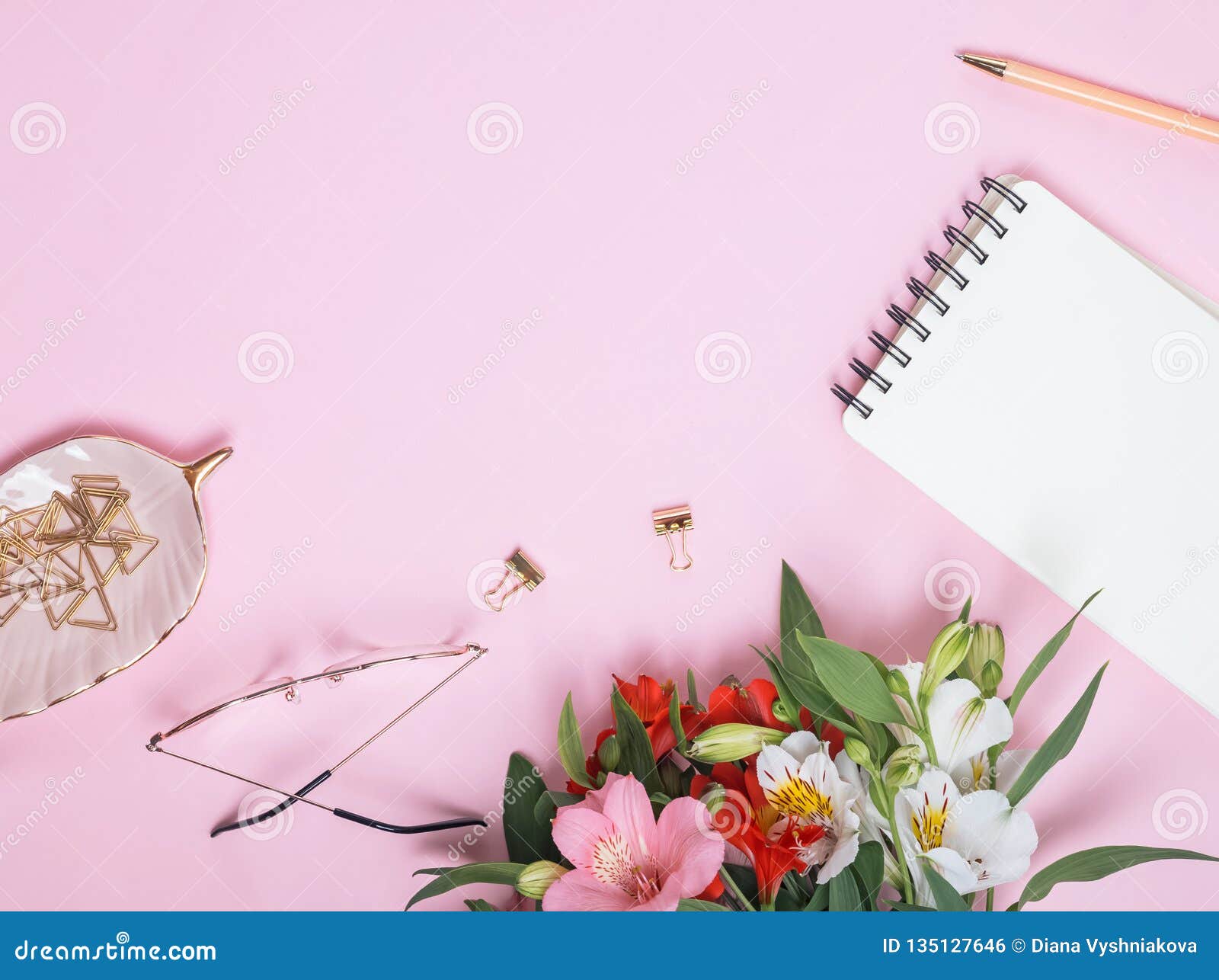 Flowers, Notepad and Stationery on Pink Background. Stock Photo - Image ...