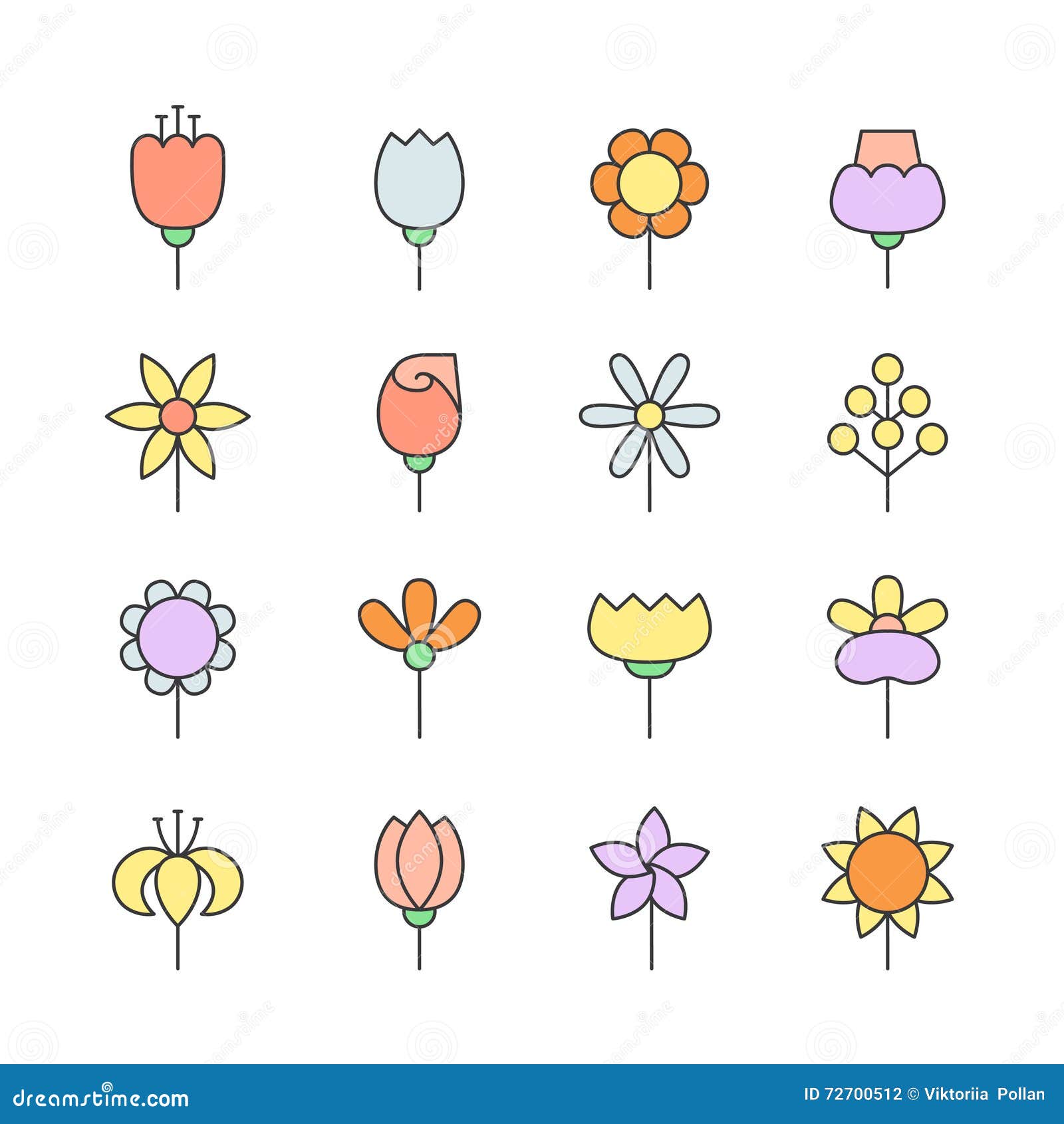 Flowers Outline Multicolored Vector Icons Set. Modern Minimalistic ...