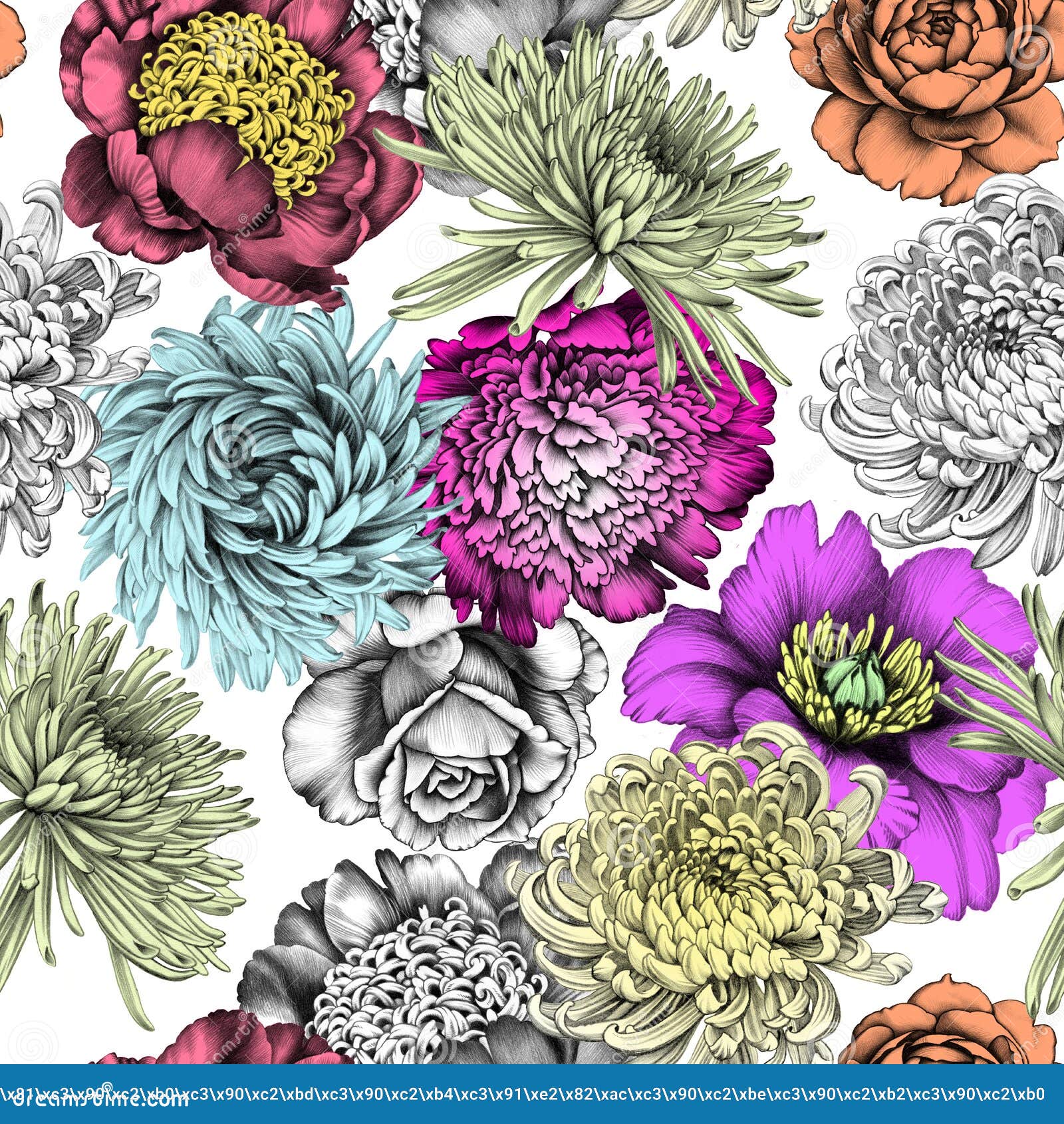 Flowers. Seamless Pattern. Pencil Drawing. Stock Illustration ...