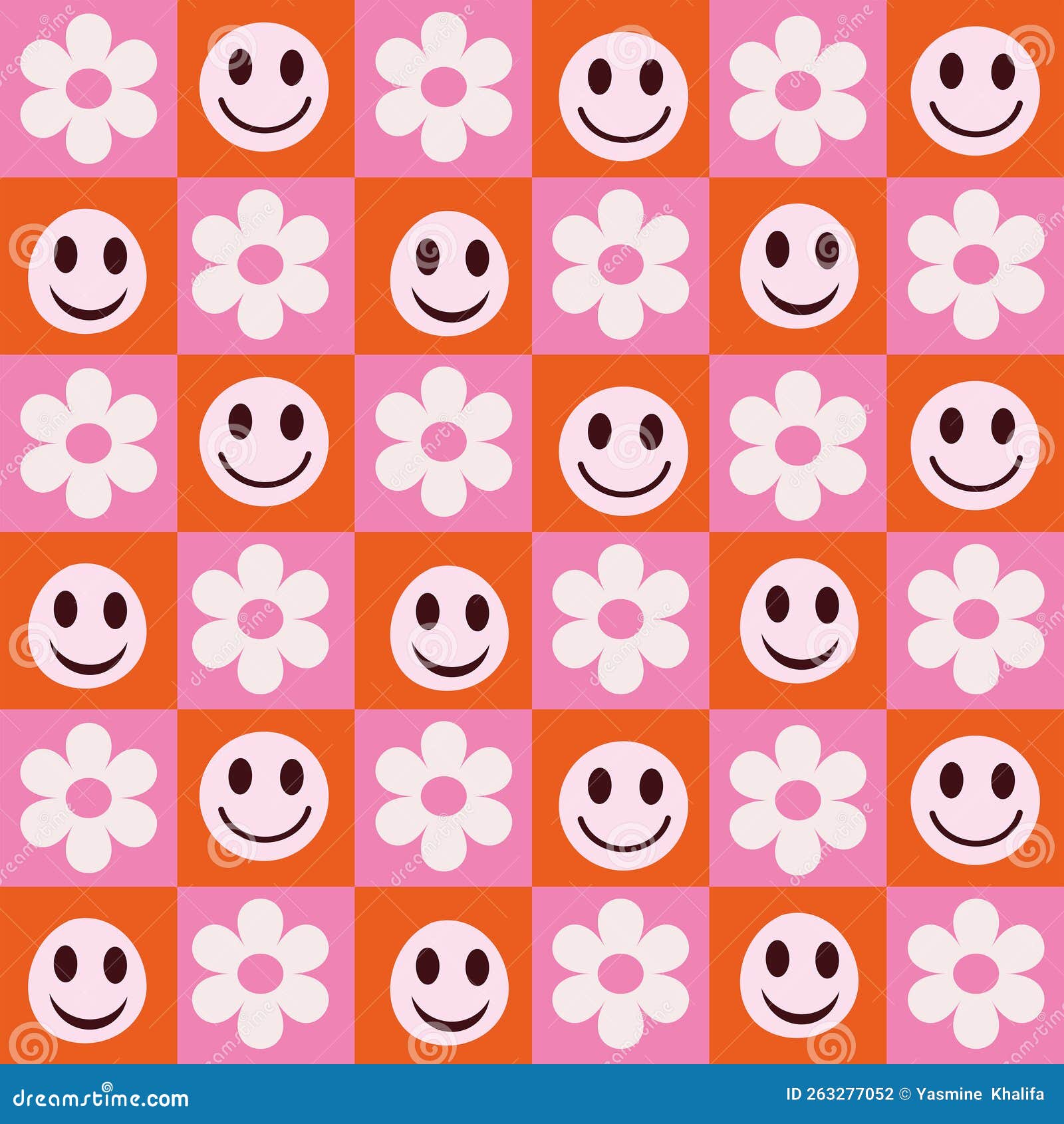Retro White Flowers and Happy Faces on Pink and Pink Checkerboards ...