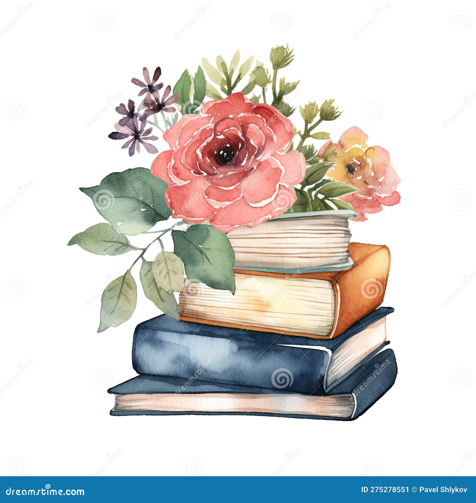 Flowers on a Stack of Books Stock Illustration - Illustration of ...