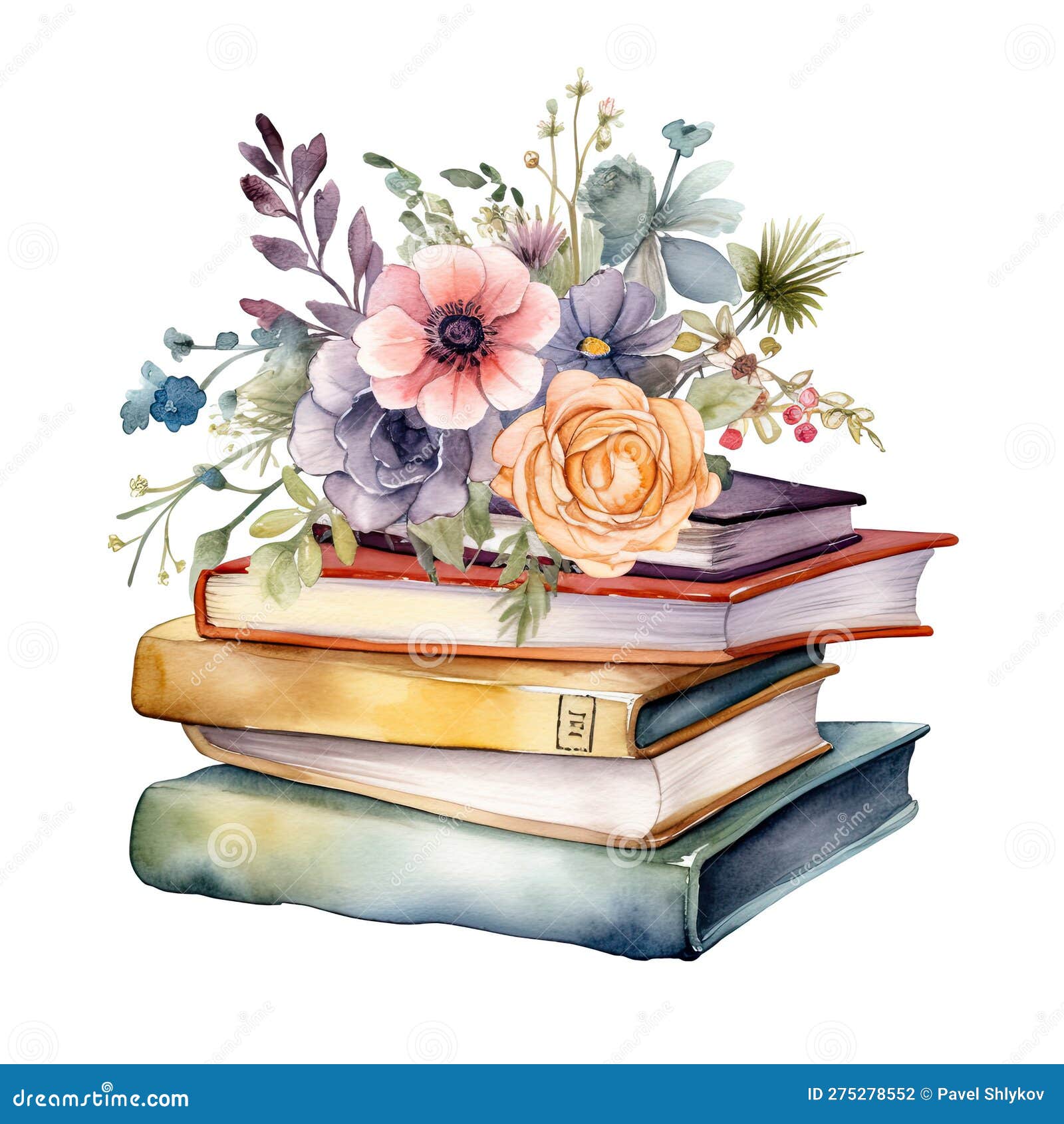 Flowers on a Stack of Books Stock Illustration - Illustration of ...