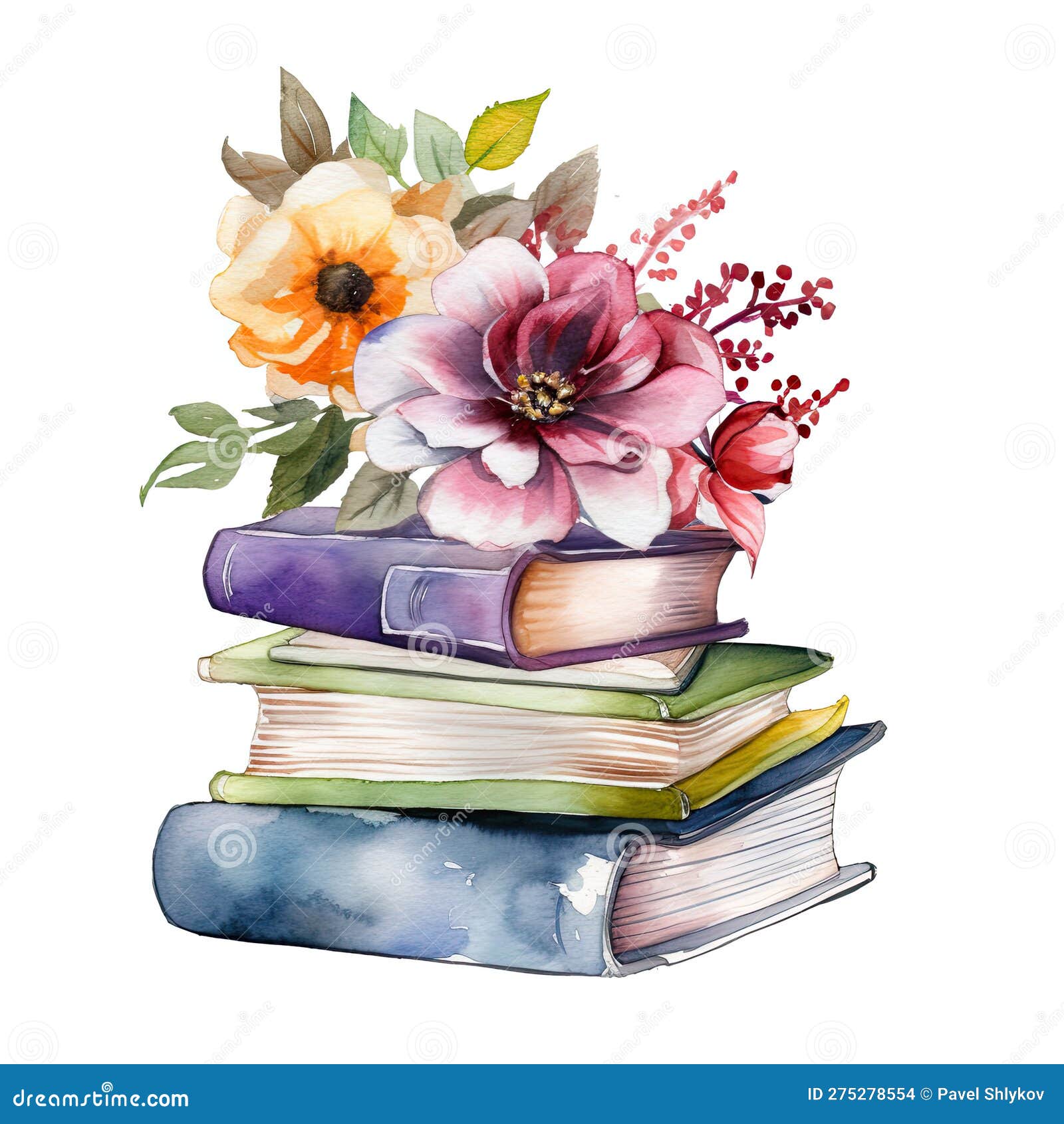 Flowers on a Stack of Books Stock Illustration - Illustration of ...