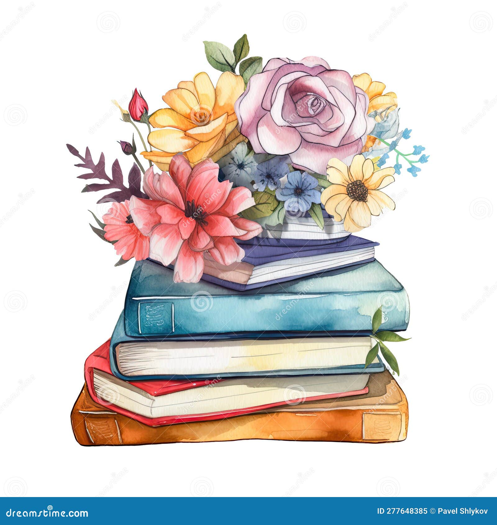 Flowers on a Stack of Books Stock Illustration - Illustration of ...