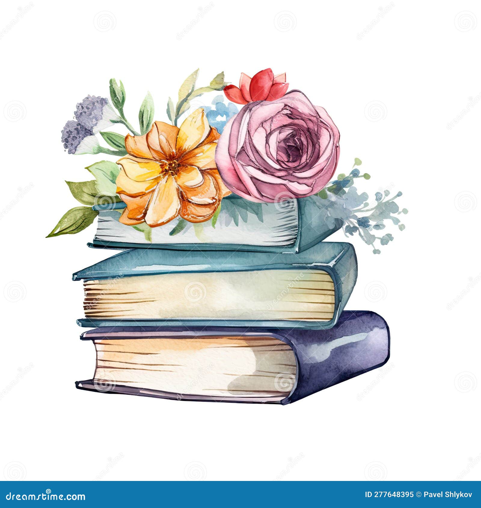 Flowers on a Stack of Books Stock Illustration - Illustration of school ...