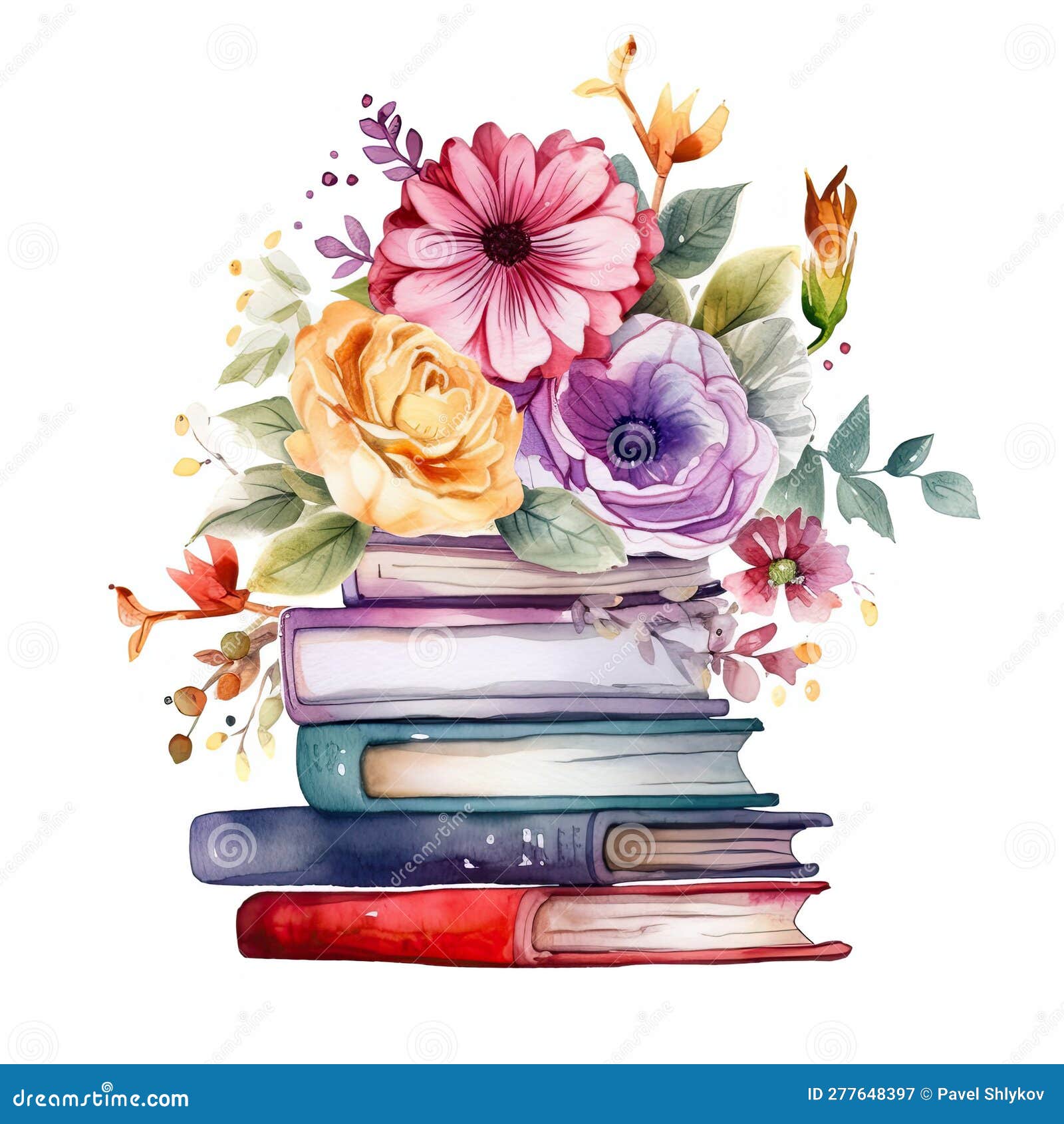 Flowers on a Stack of Books Stock Illustration - Illustration of ...