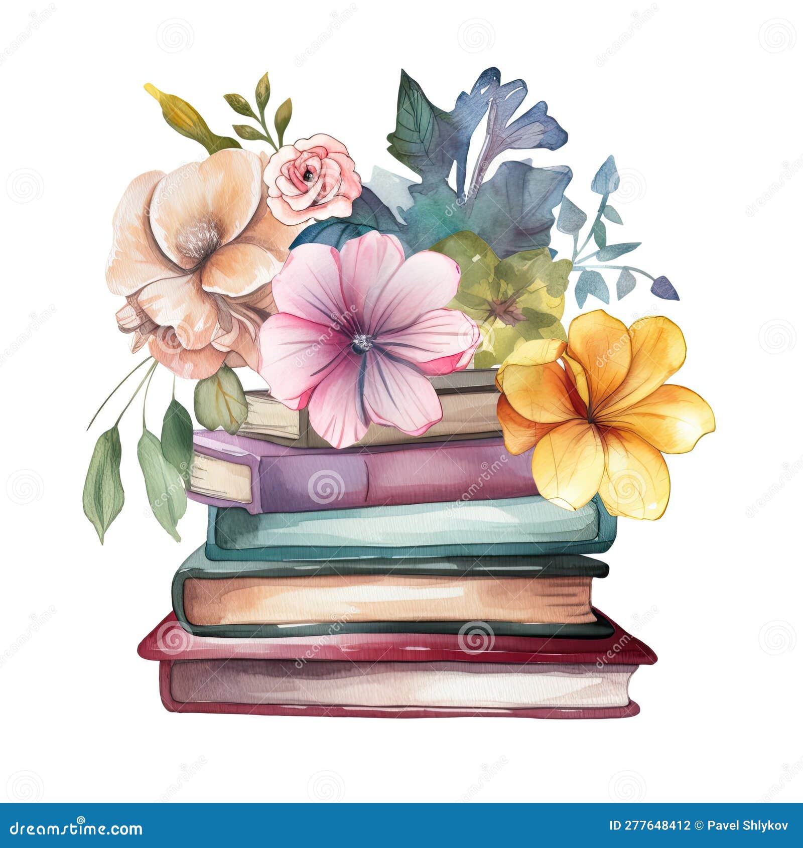 Flowers on a Stack of Books Stock Illustration - Illustration of ...