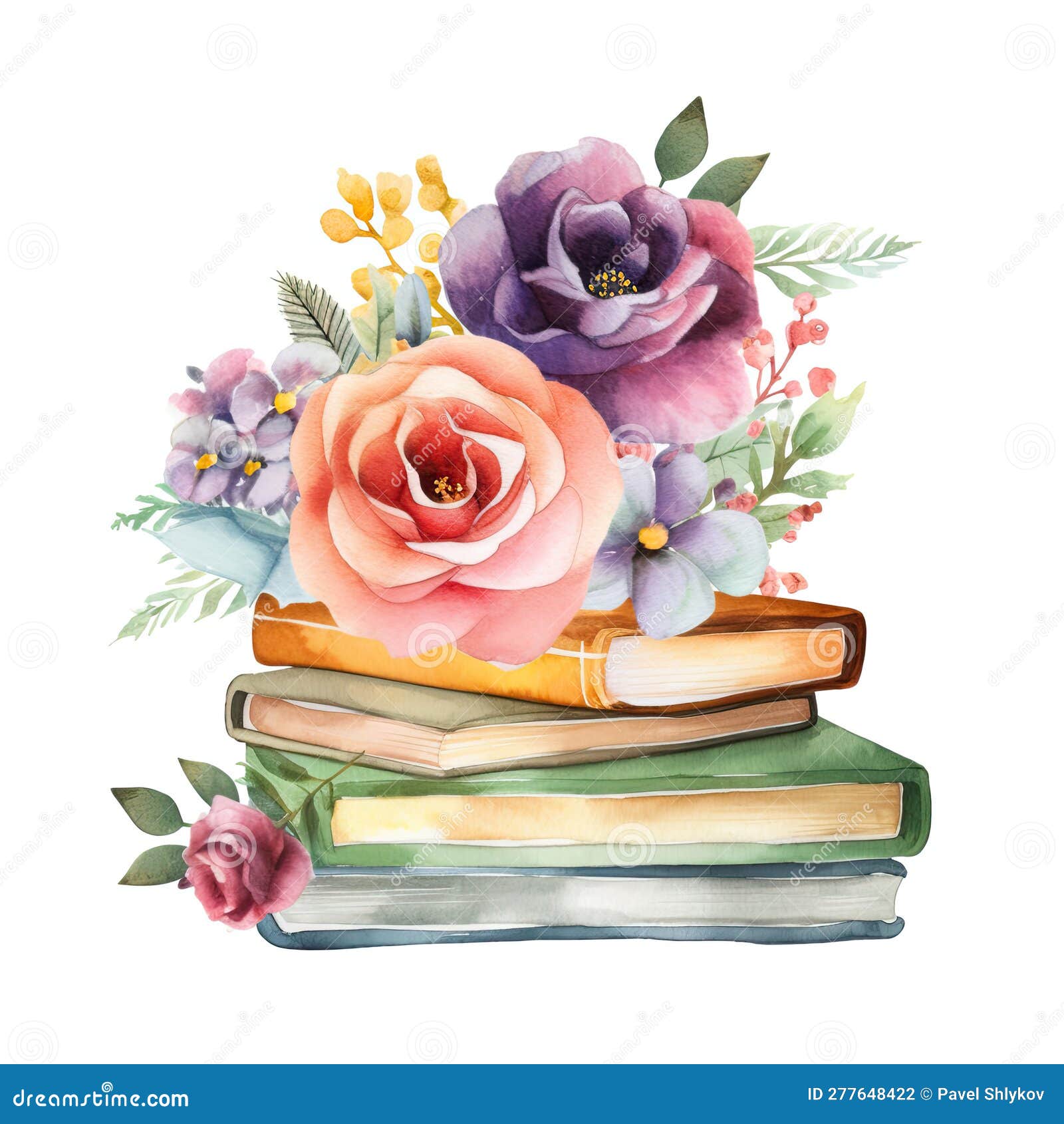Flowers on a Stack of Books Stock Illustration - Illustration of wisdom ...