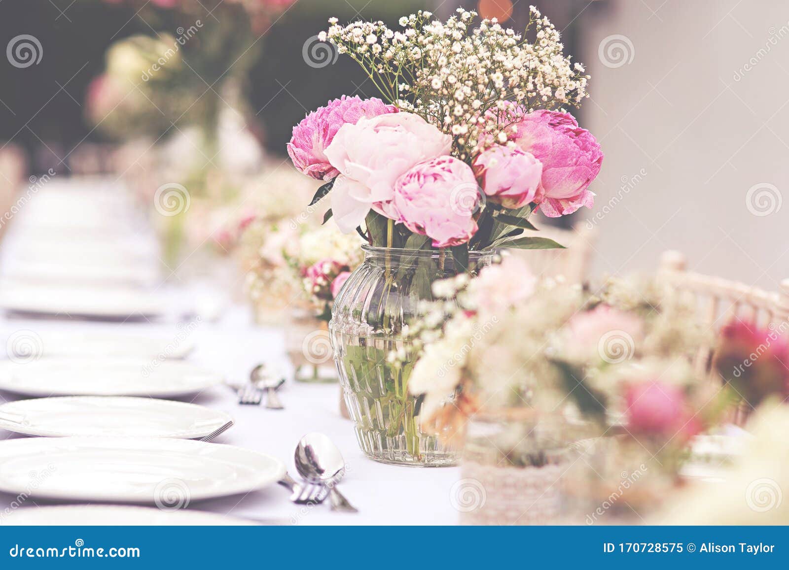 Flowers on a Table Set for a Lunch Party Outside Stock Image - Image of ...