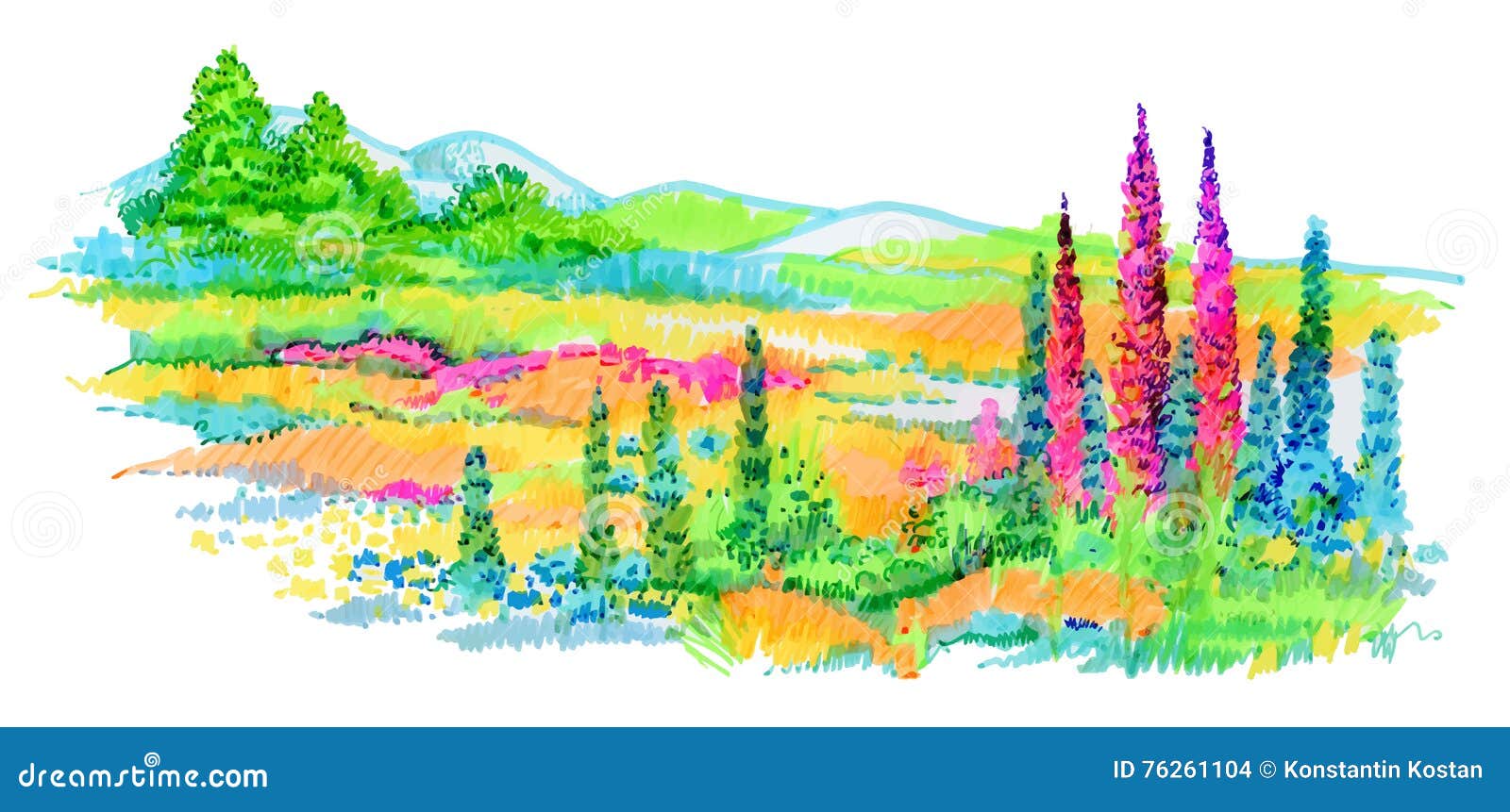 Flowers and Trees on Meadow. Stock Vector - Illustration of drawing ...