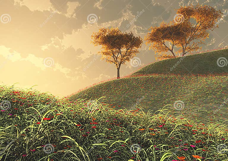 Flowers and Trees at Sunset Stock Illustration - Illustration of leaves ...