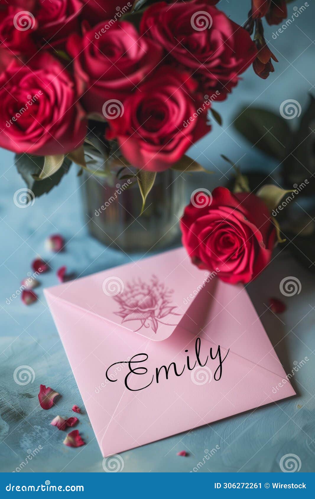 Flowers in a Vase on a Table with the Name Emily Written on a Letter ...