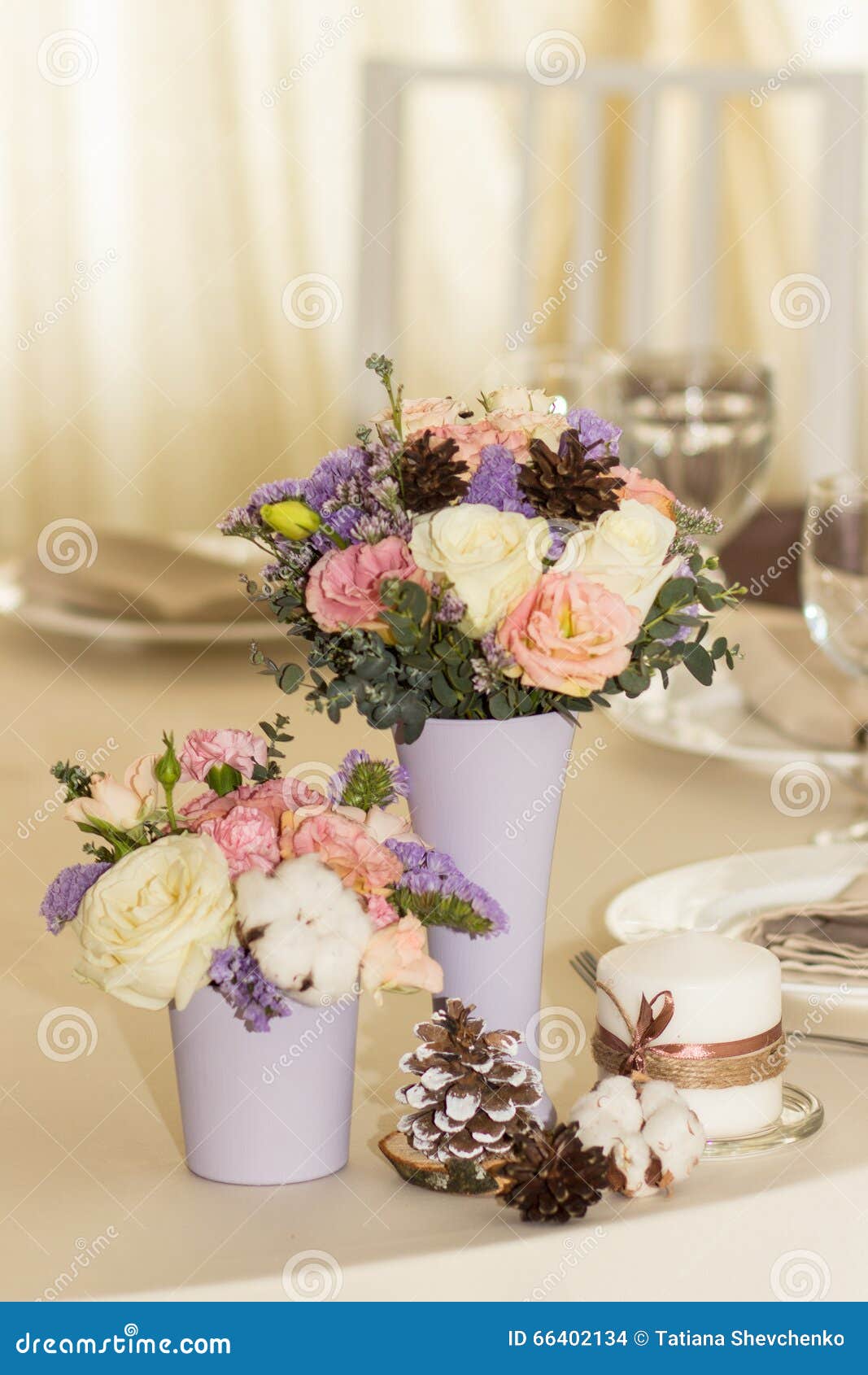 Flowers in Violet Vase on Wedding Table Stock Photo - Image of dining ...