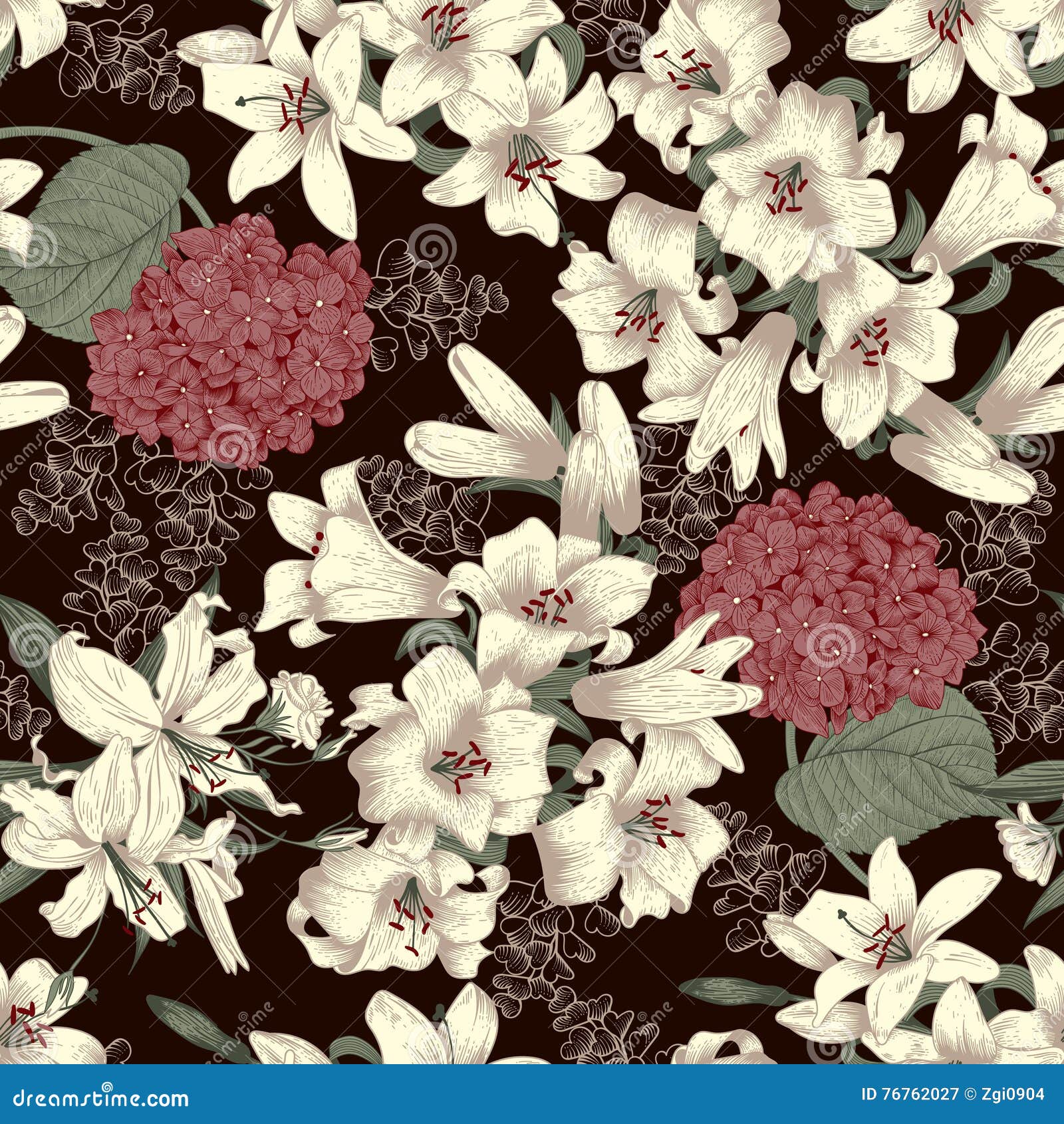 Flowers. White Lilies. Vector Seamless Background . Vintage Floral ...