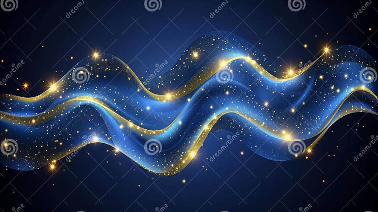 Flowing Blue and Gold Wave Pattern with Sparkling Stars Creating a ...