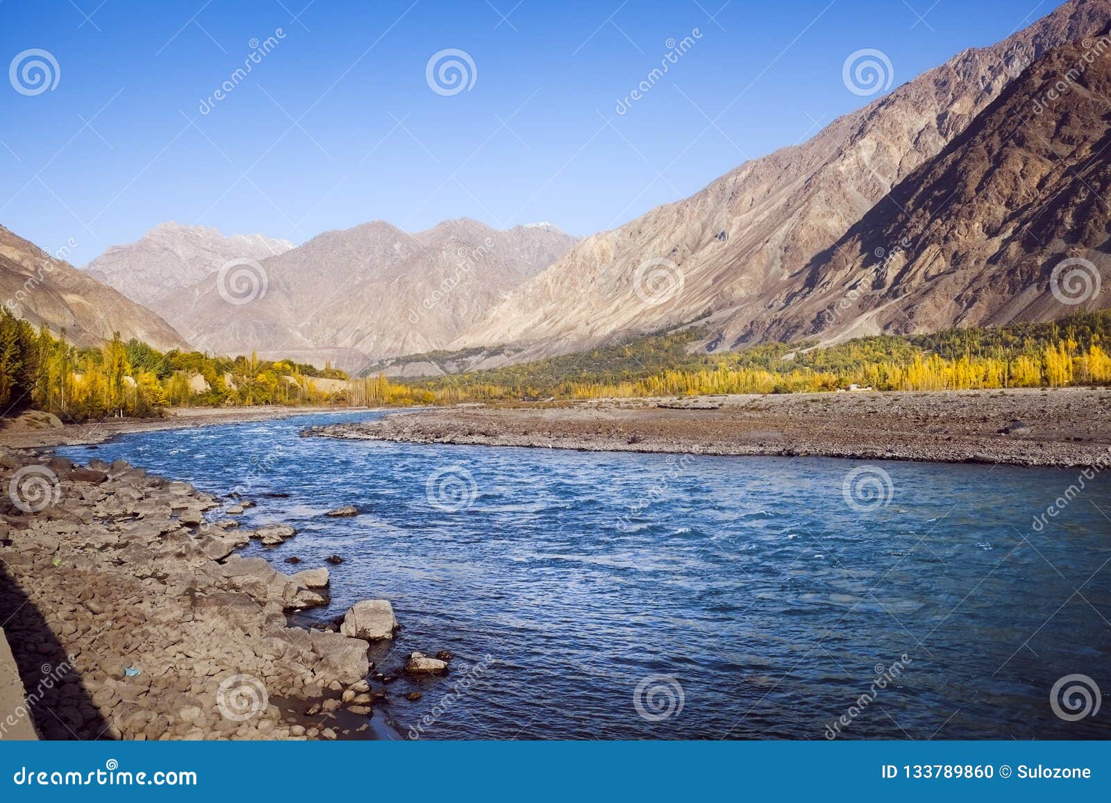 Flowing Blue Water of Gilgit River with Mountains in the Background ...