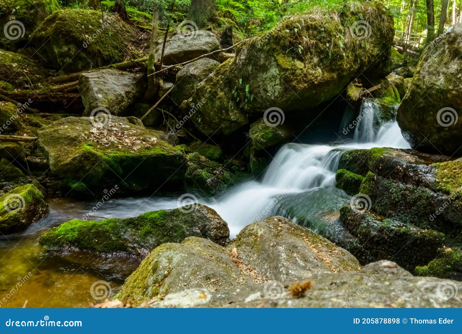 Flowing Brook with Little Waterfalls and Many Rocks with Moss Stock ...