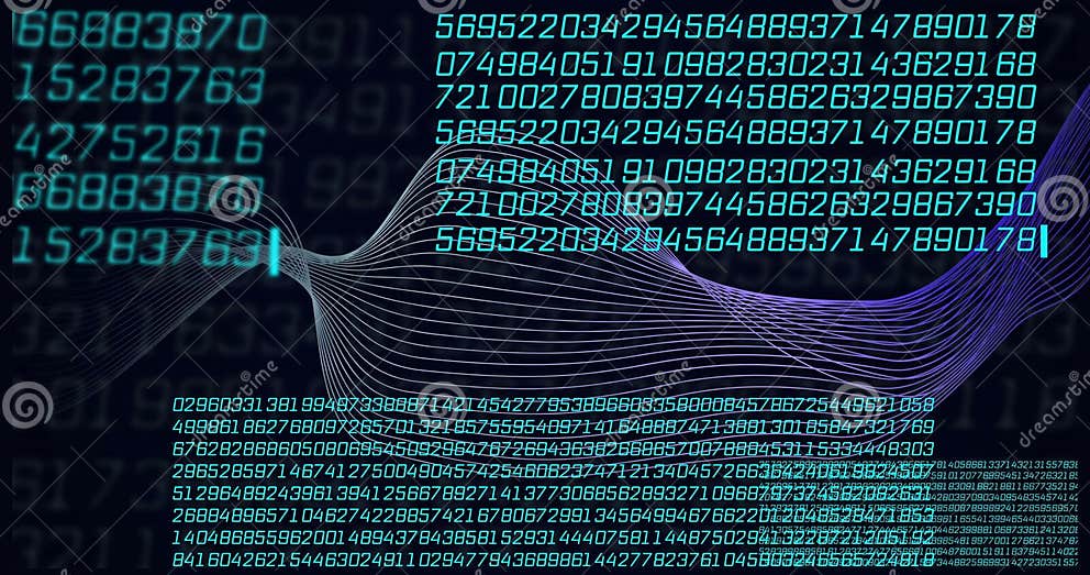 Flowing Data Waves and Binary Coding Image Over Dark Background with Numbers Stock Image - Image ...