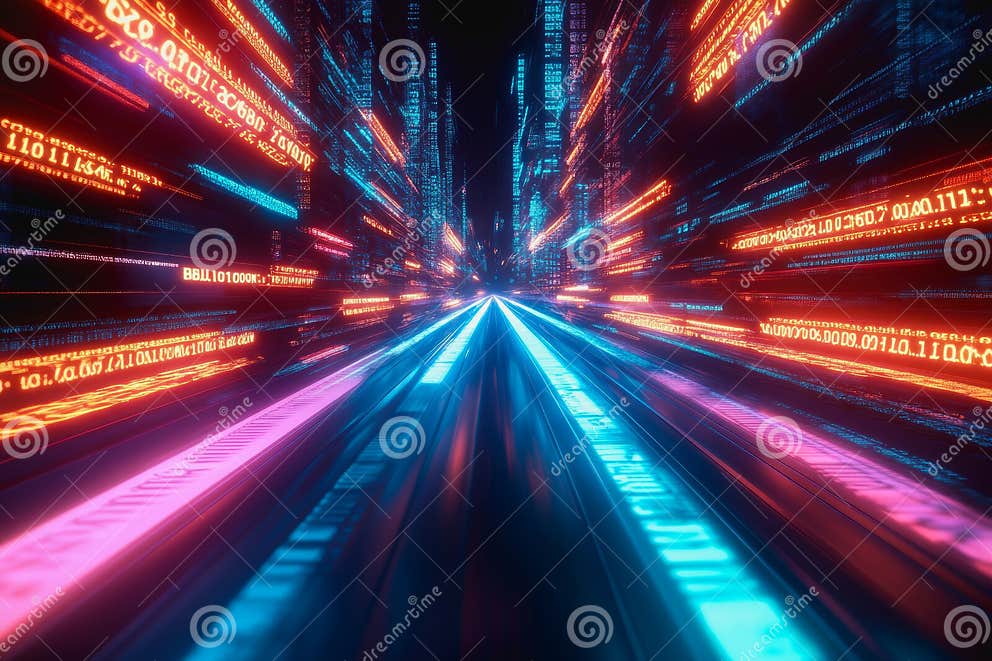 Flowing Glowing Binary Code in a Futuristic Digital Data Stream ...