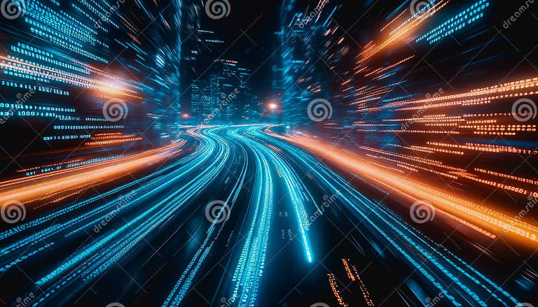 Flowing Glowing Binary Code in a Futuristic Digital Data Stream ...