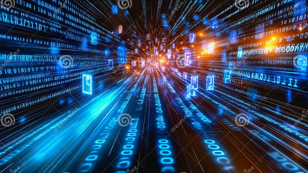Flowing Glowing Binary Code in a Futuristic Digital Data Stream Environment Stock Image - Image ...
