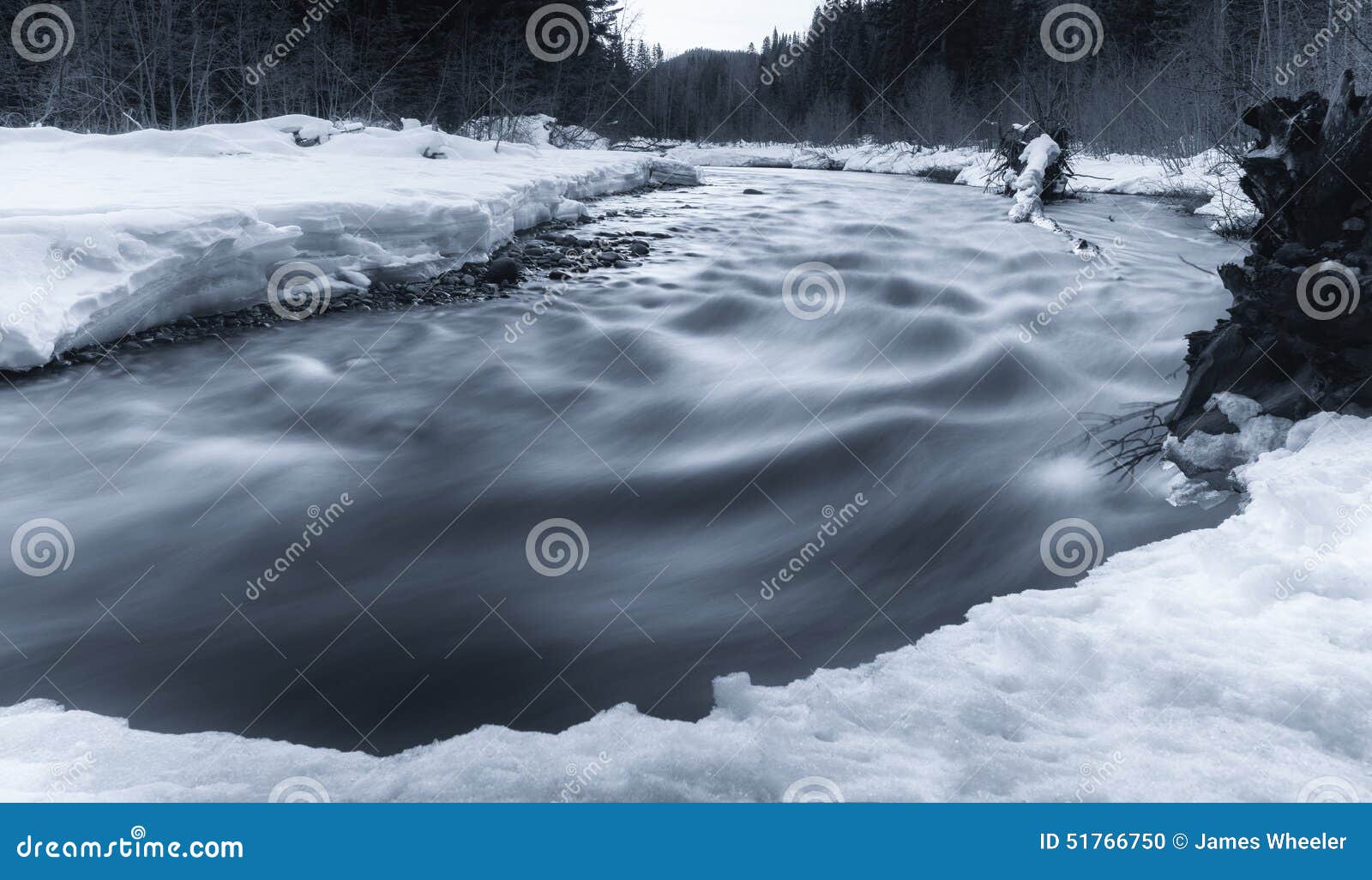 Flowing River in Winter with Snow Stock Photo - Image of snow, creek ...