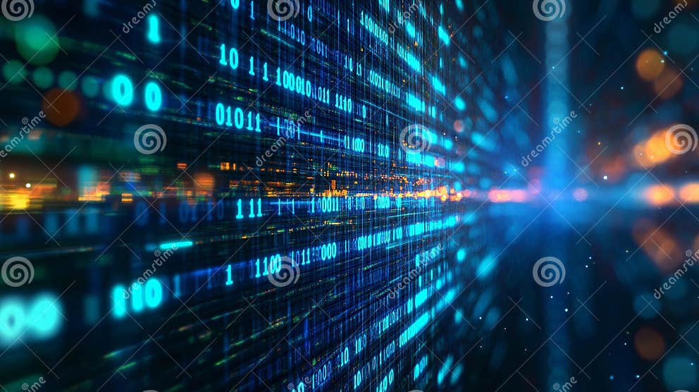 A Flowing Stream of Digital Data with Luminous Binary Code. Generative AI Stock Illustration ...