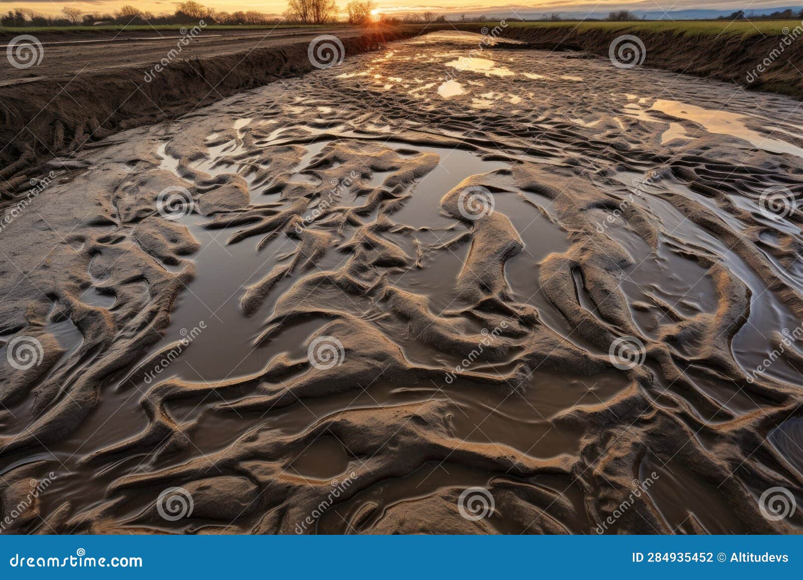 Flowing Water Creating Patterns in a Muddy Field Stock Illustration ...