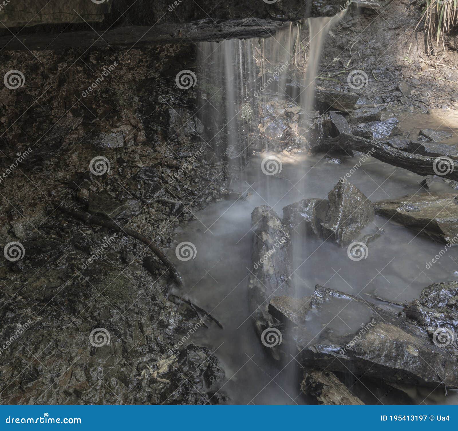 A Flowing Waterfall from Behind a Rock Ledge into a Pool of Water Stock ...