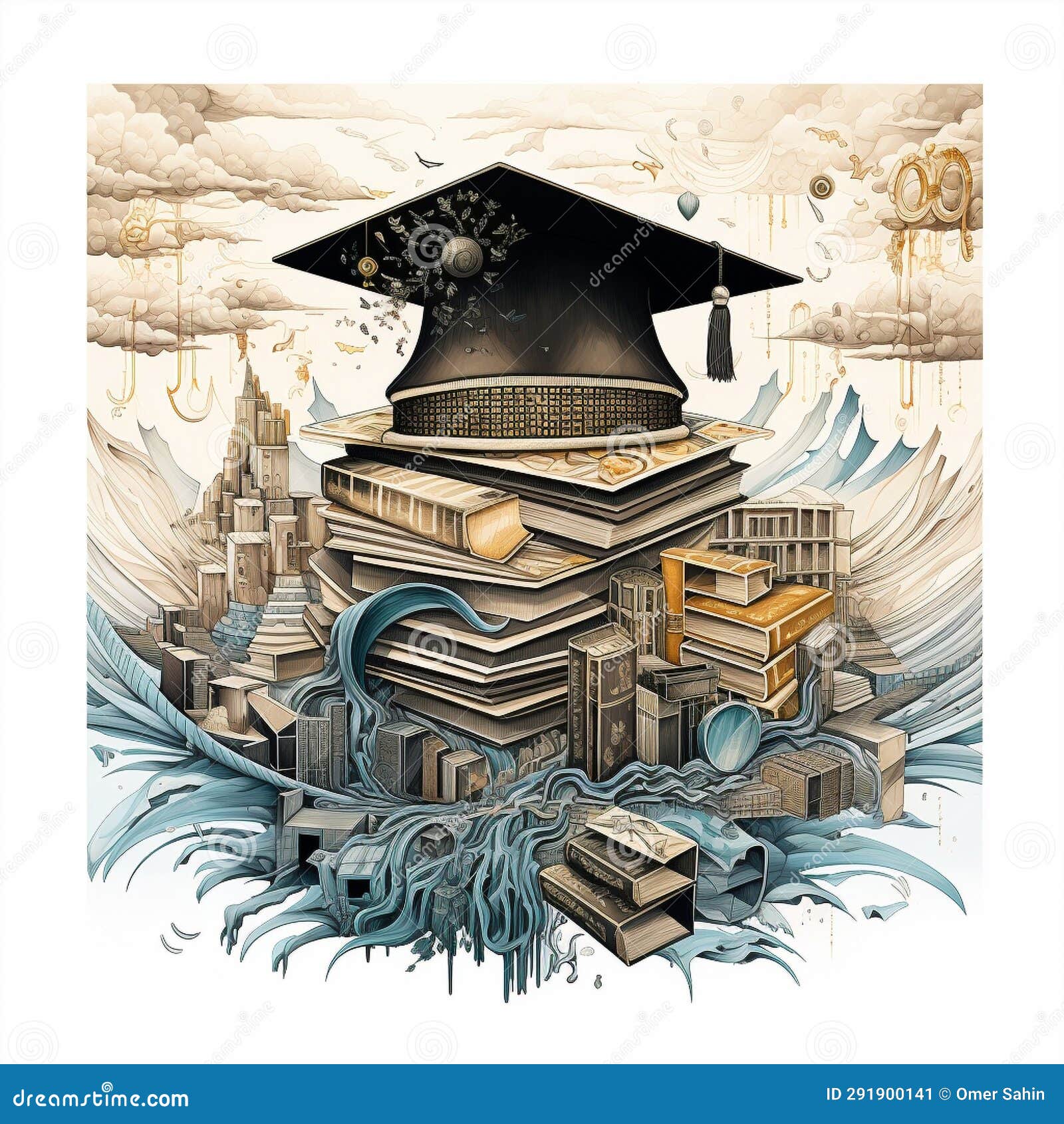 Flowing Wisdom: Graduation Cap Amidst Cascading Knowledge Stock Image ...