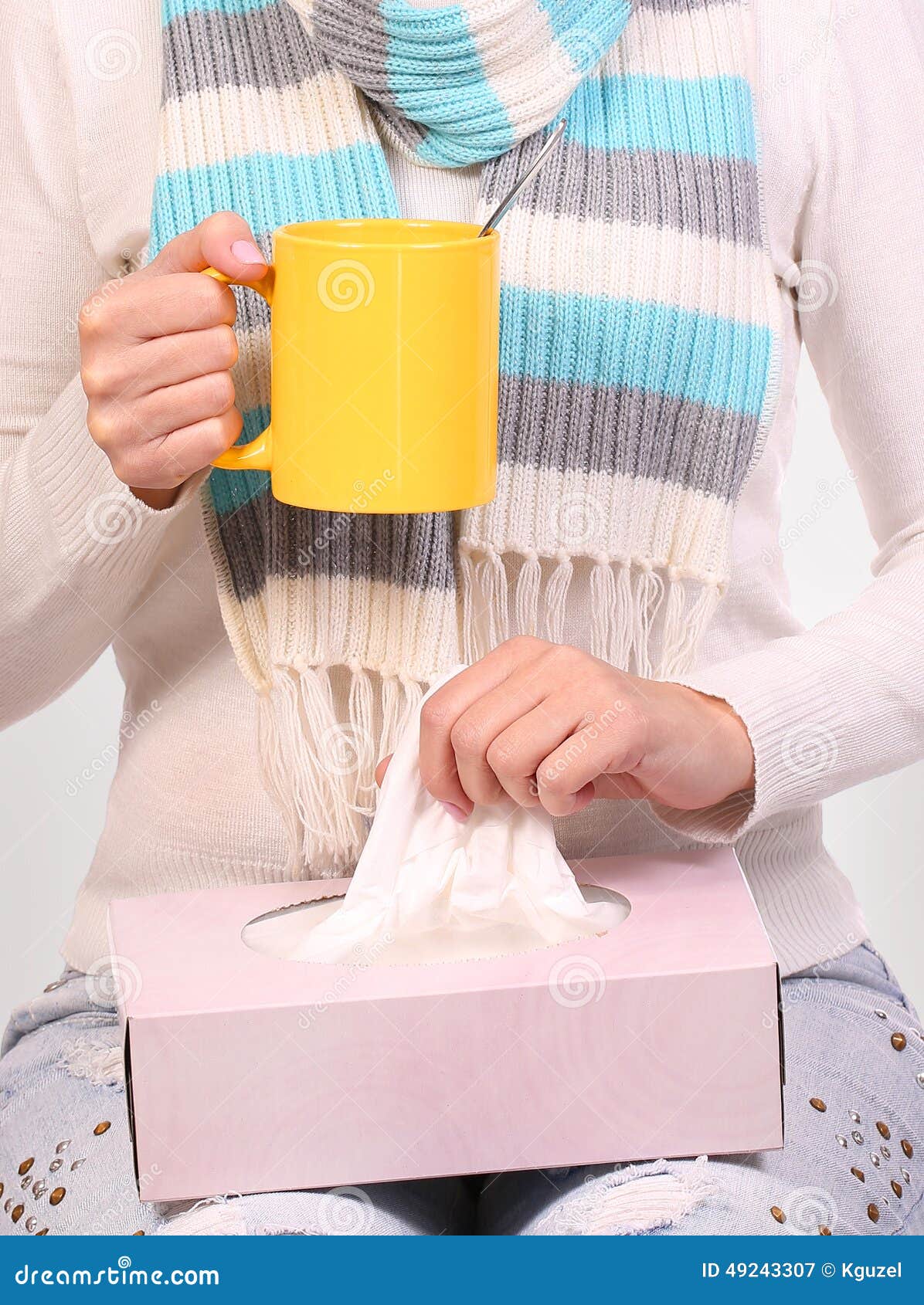 Flu Cold. Sick Woman with Cup of Tea and Tissue Box Stock Image - Image ...