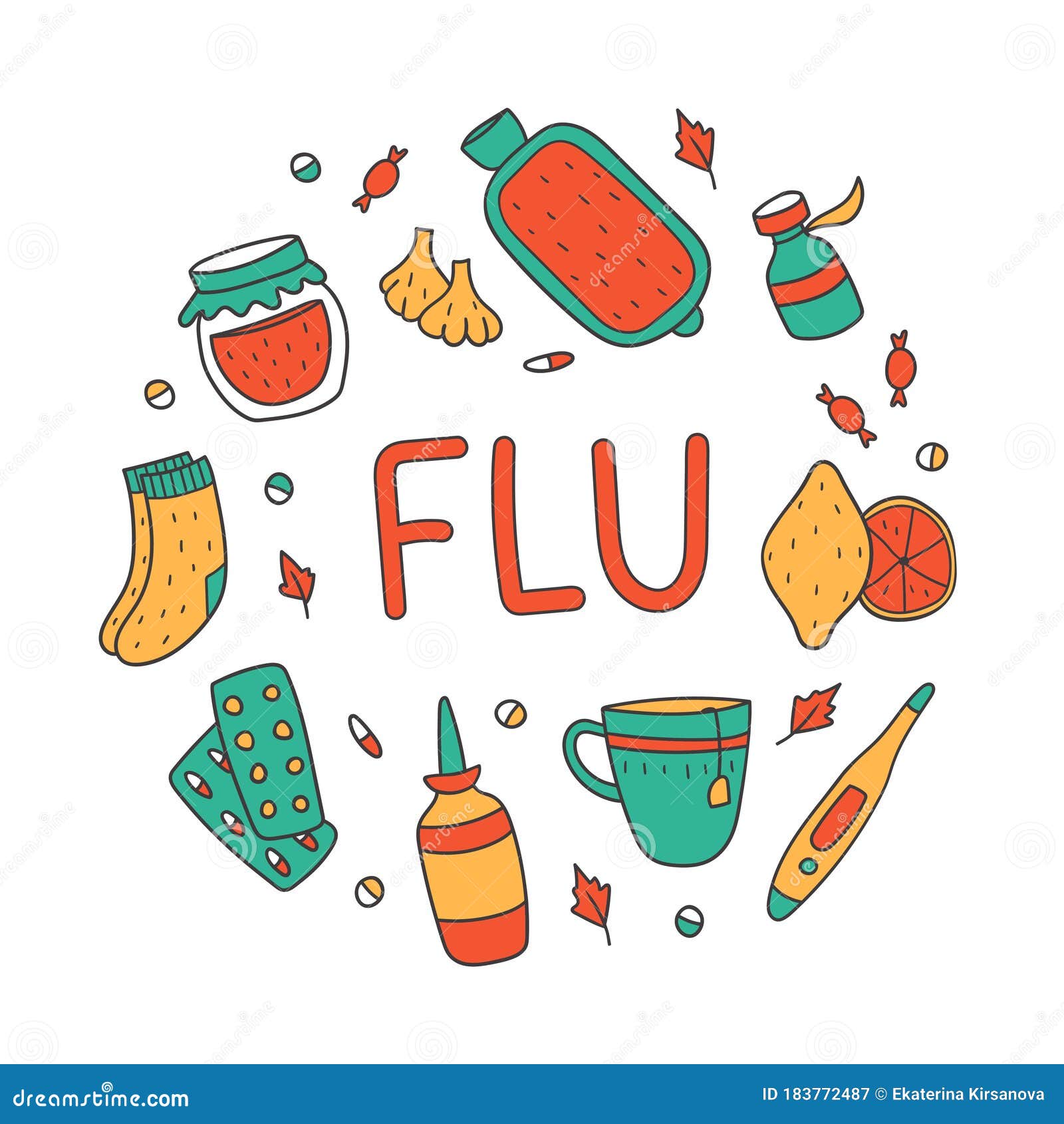 Poster with Set of Flu Treatments Stock Vector - Illustration of doodle ...