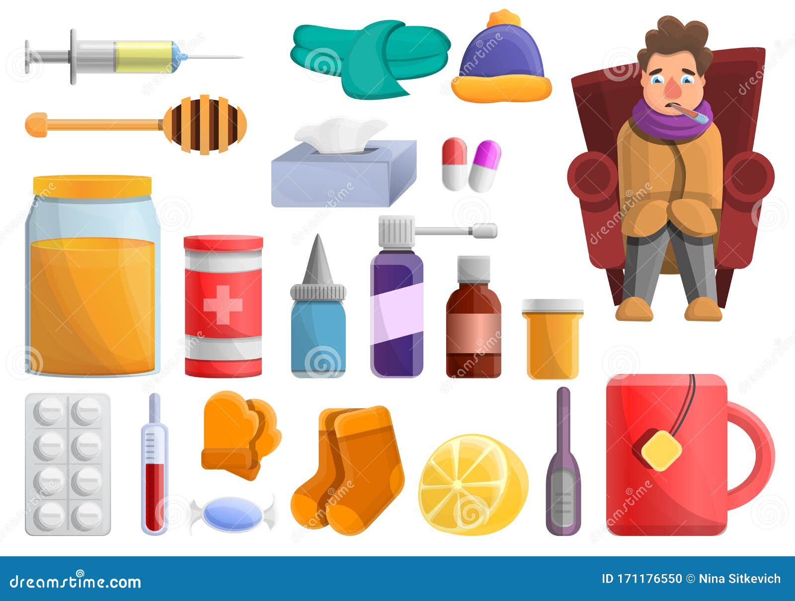 Flu Icons Set, Cartoon Style Stock Vector - Illustration of health ...
