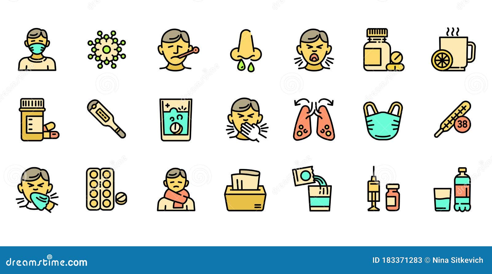 Flu Icons Set, Outline Style Stock Vector - Illustration of colds ...