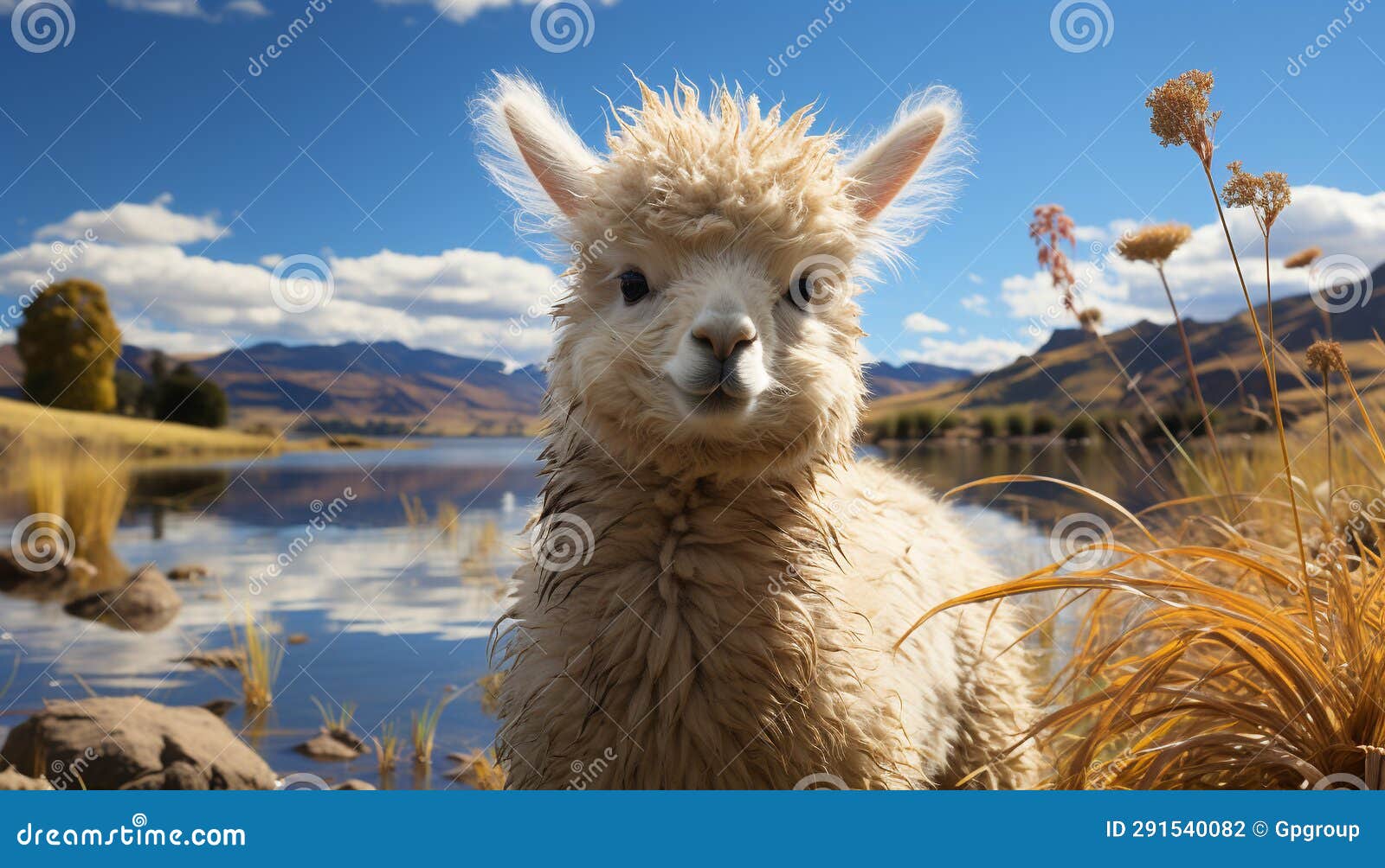 A Fluffy Alpaca Grazes in the Autumn Meadow, Looking at Camera ...