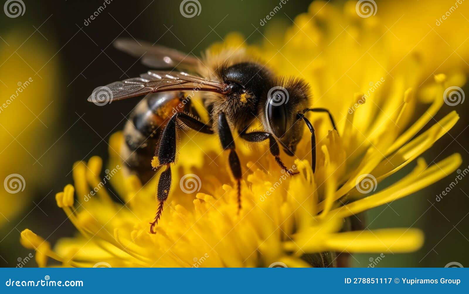 Fluffy Bee Collects Pollen from Yellow Daisy in Formal Garden Generated ...