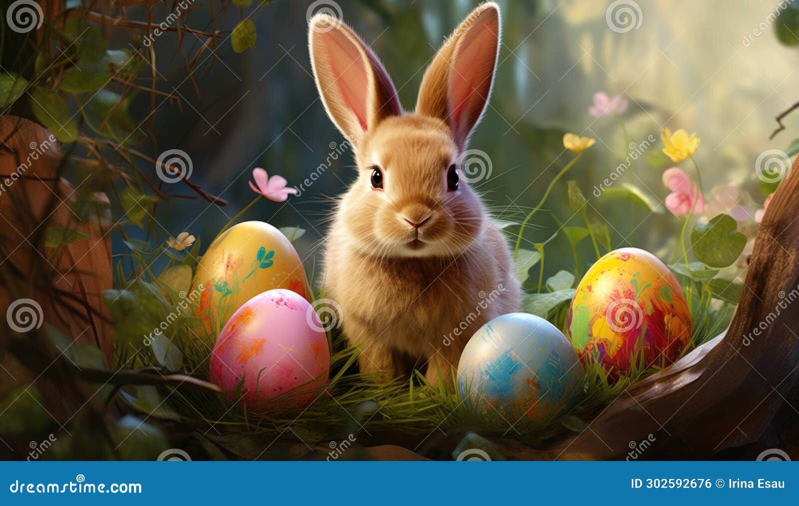 A Fluffy Brown Easter Bunny Sits Amid Painted Eggs and Fresh Spring ...