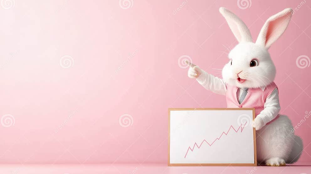 Fluffy Bunny Dressed As CEO Pointing at Growth Chart on Pink Background ...