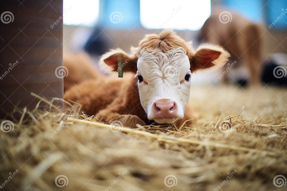 Fluffy Calf Lying on Clean Straw, Looking at Camera Stock Illustration ...