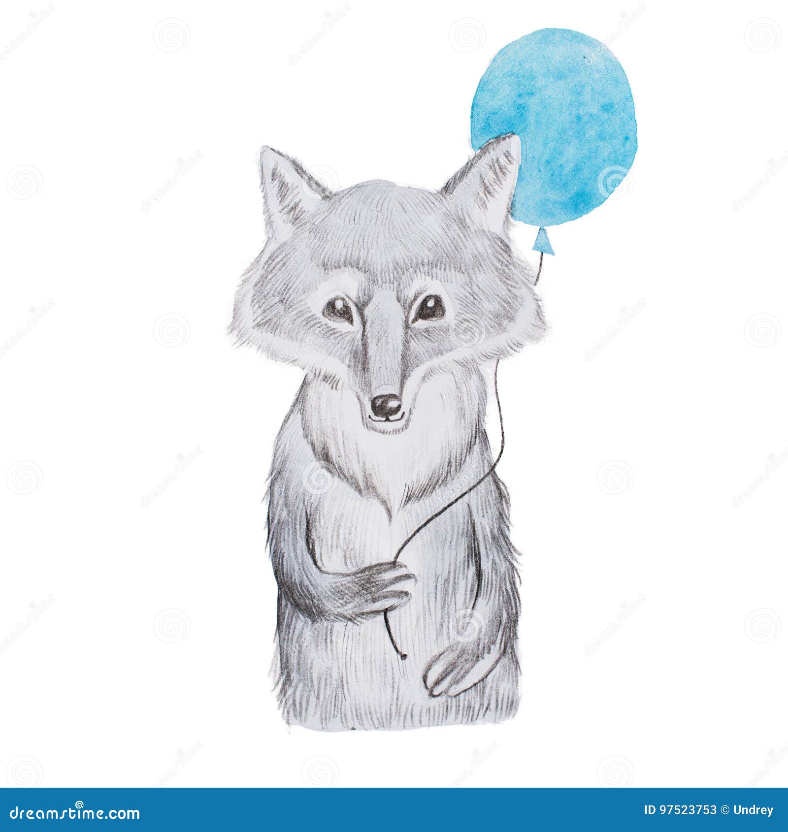 Fluffy Cartoon Realistic Wolf Holding a Blue Balloon Stock Illustration ...