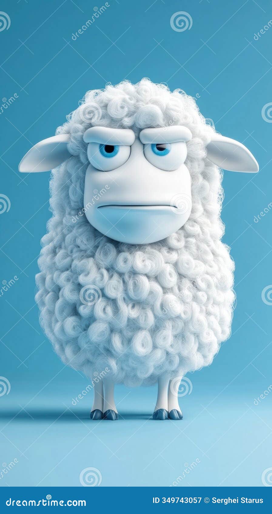 Fluffy Cartoon Sheep with a Grumpy Expression Against a Blue Background ...