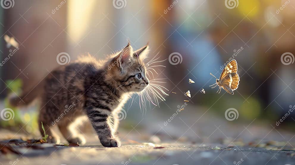 Fluffy Cat Energetically Chasing a Butterfly on the Ground Stock ...