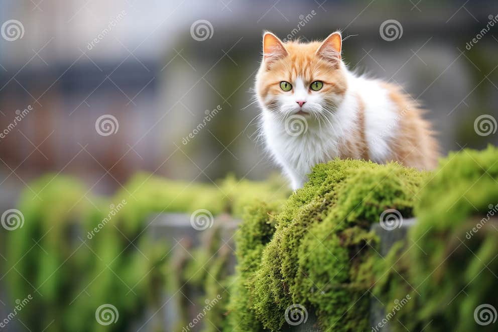 Fluffy Cat on a Moss-covered Stone Wall Stock Illustration ...