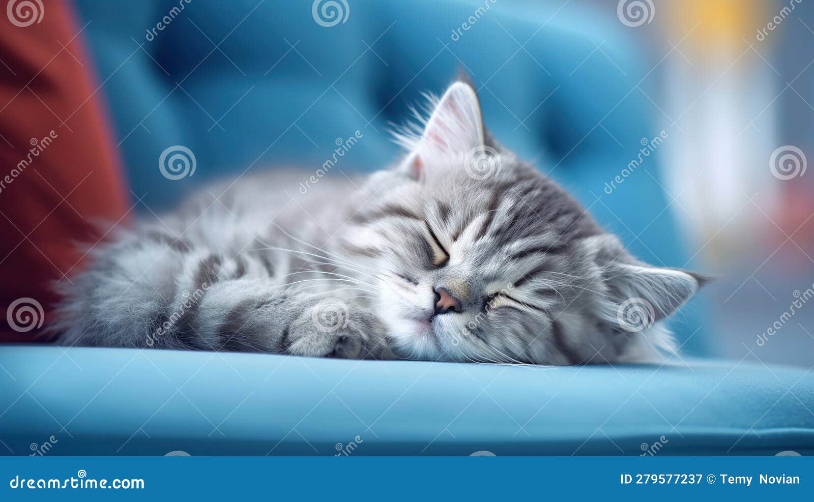 Fluffy Cat is Sleeping on Blue Blue Pillow. Generative Ai Stock ...