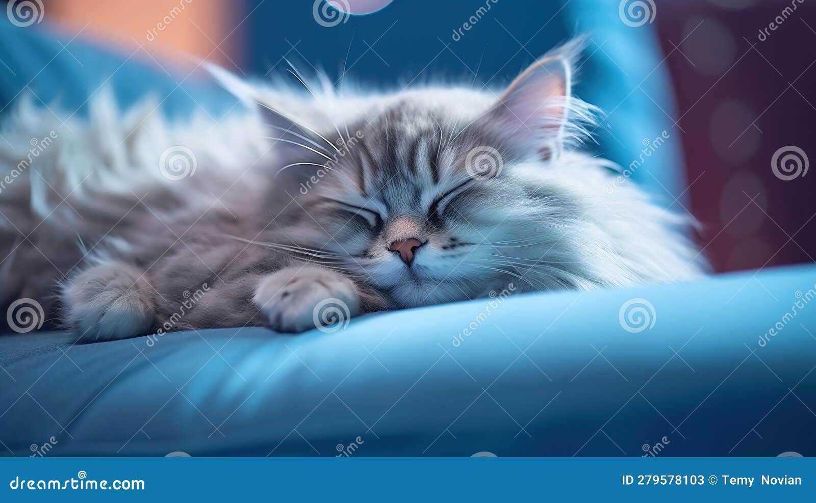 Fluffy Cat is Sleeping on Blue Blue Pillow. Generative Ai Stock ...