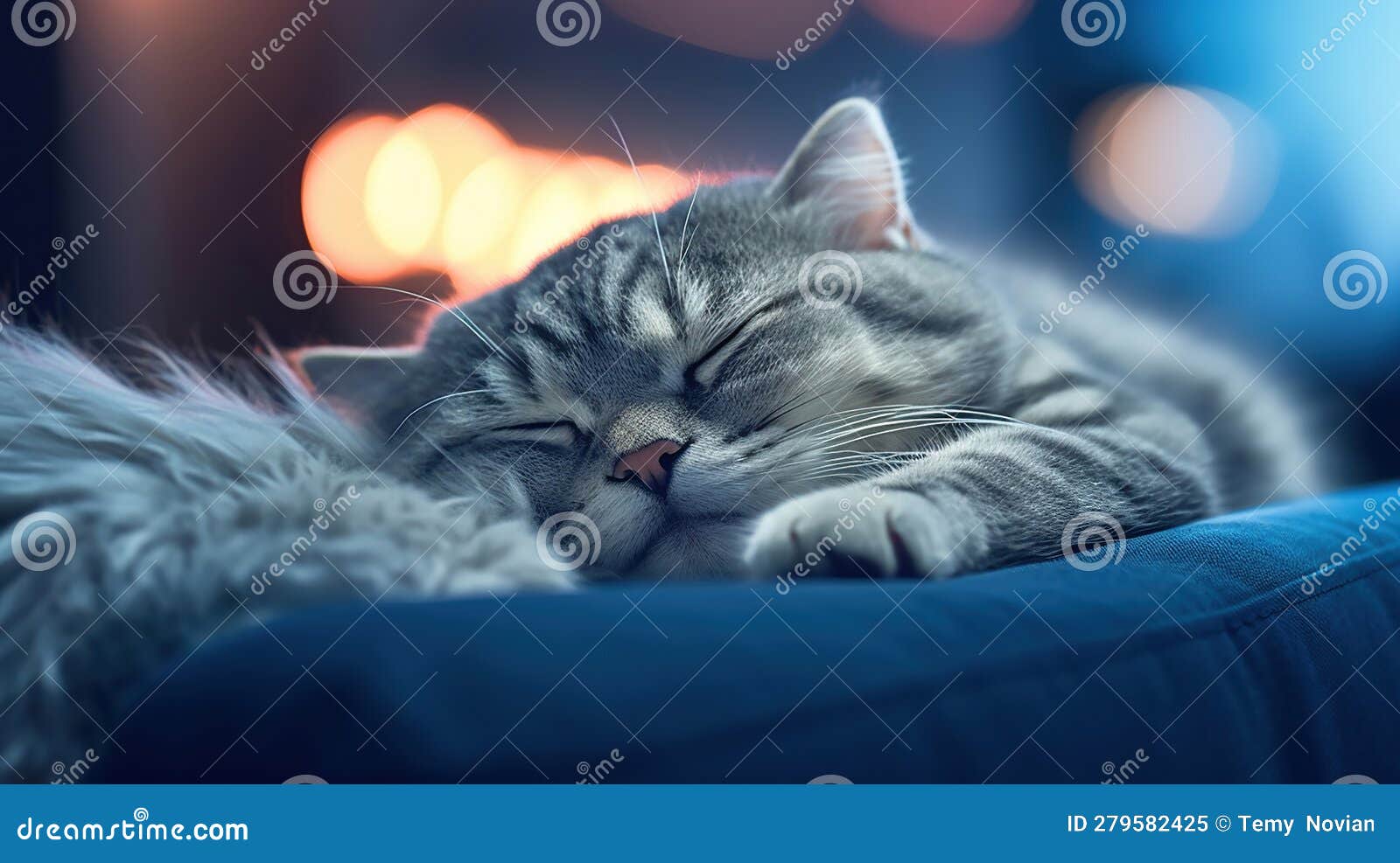 Fluffy Cat is Sleeping on Blue Blue Pillow. Generative Ai Stock ...