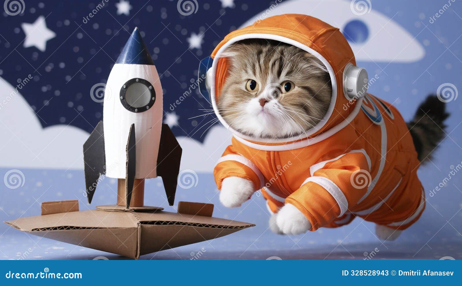 Fluffy Cat in Space Suit beside Model Rocket Stock Illustration ...