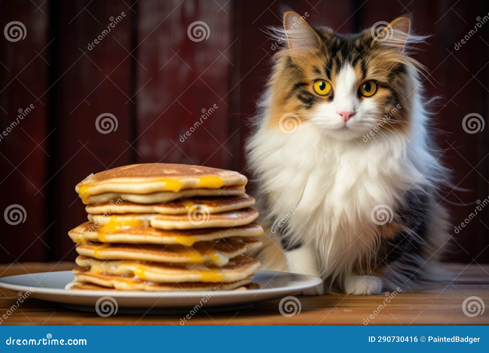 Fluffy Cat with a Stack of Pancakes and Syrup Stock Illustration ...