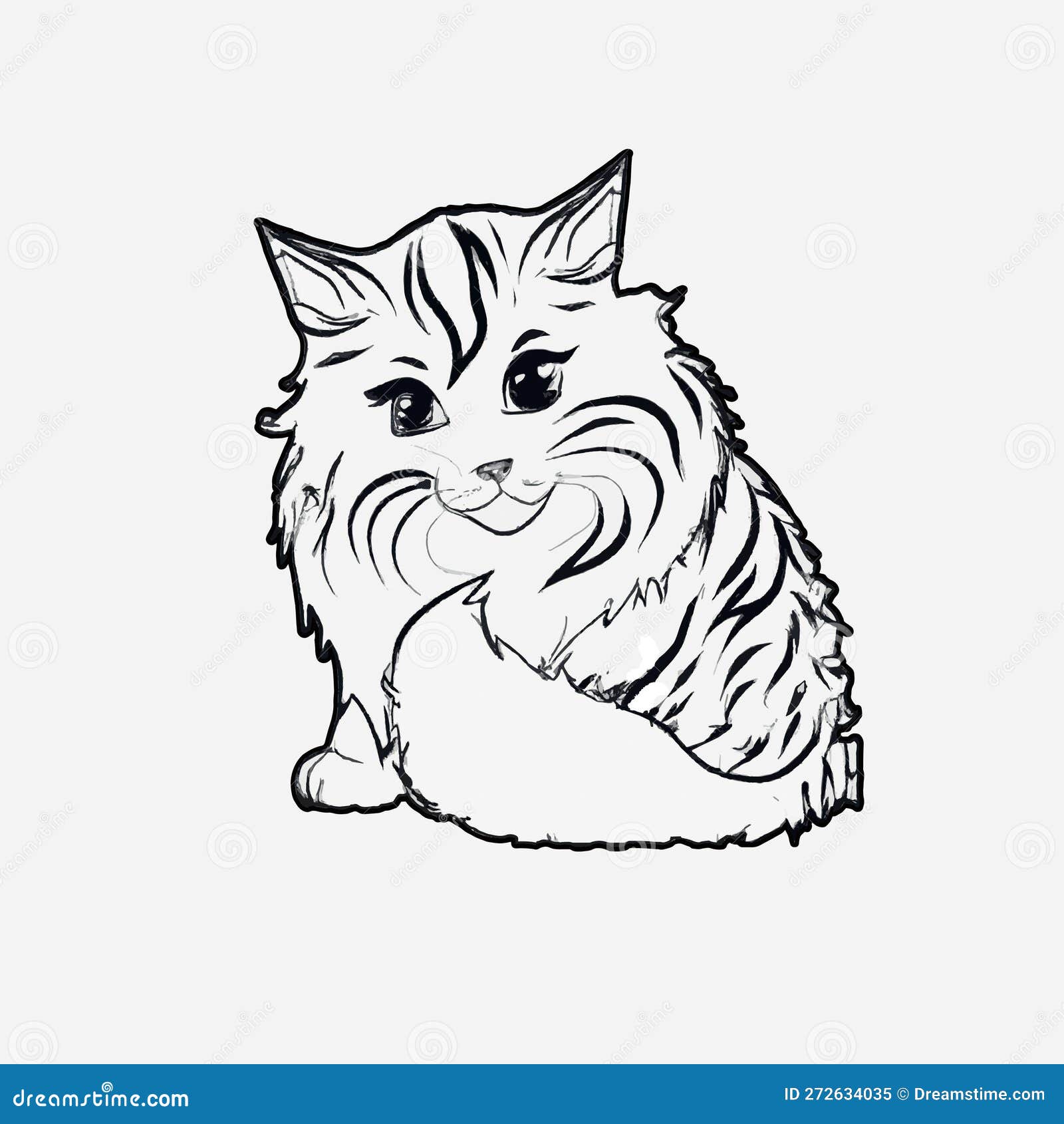 Fluffy Cat Vector Drawing in Black and White Stock Vector ...